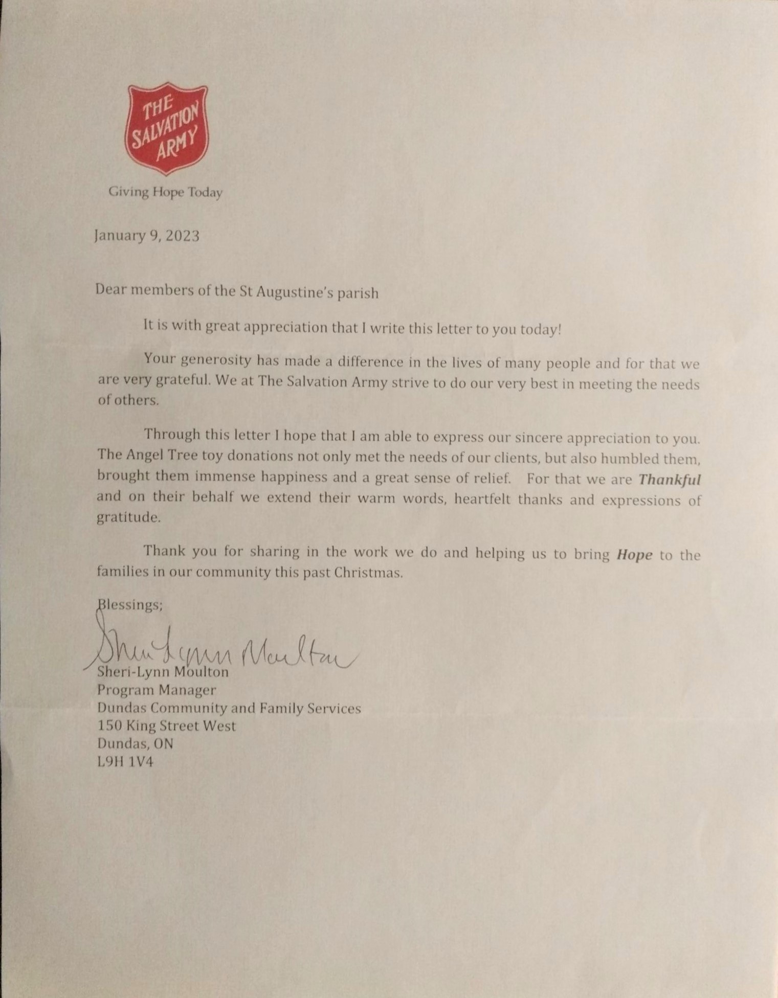 Thanks from “Sally Ann”